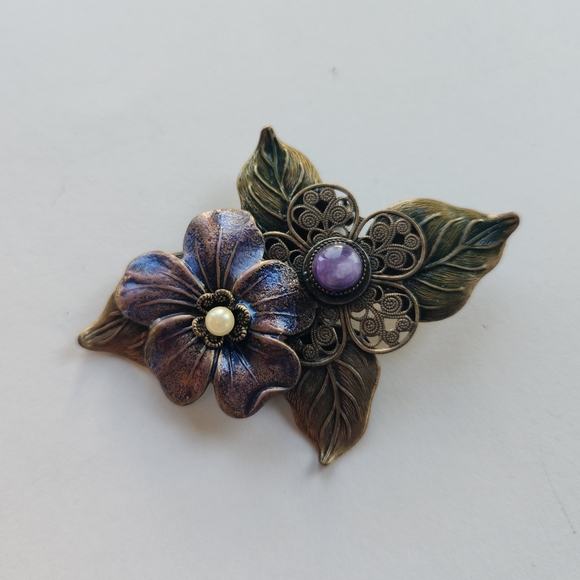 Jewelry | Vintage Bronze African Violet Broochpin With Purple Stone ...